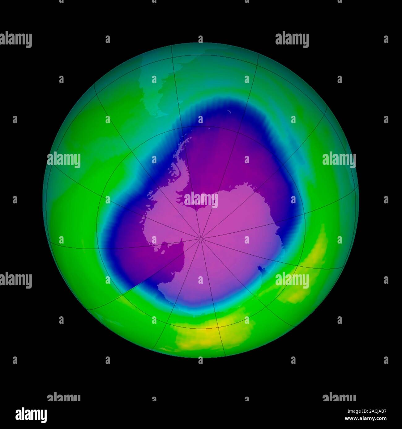 Antarctic ozone hole. Satellite image of the ozone hole (purple) over ...