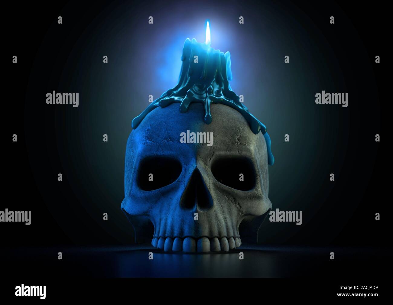A macabre concept showing a human skull topped with a melting candle ...