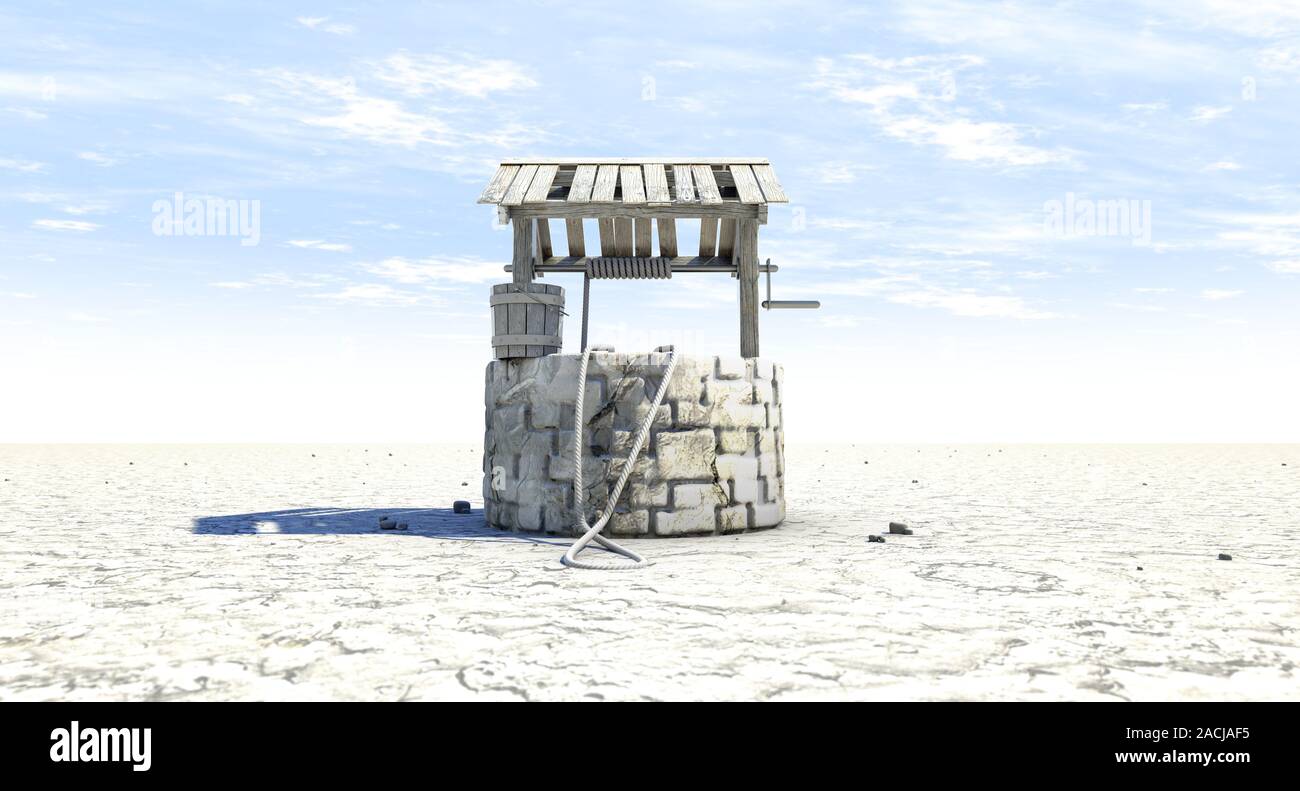 A rundown water well and bucket attached to a rope in a flat waterless ...