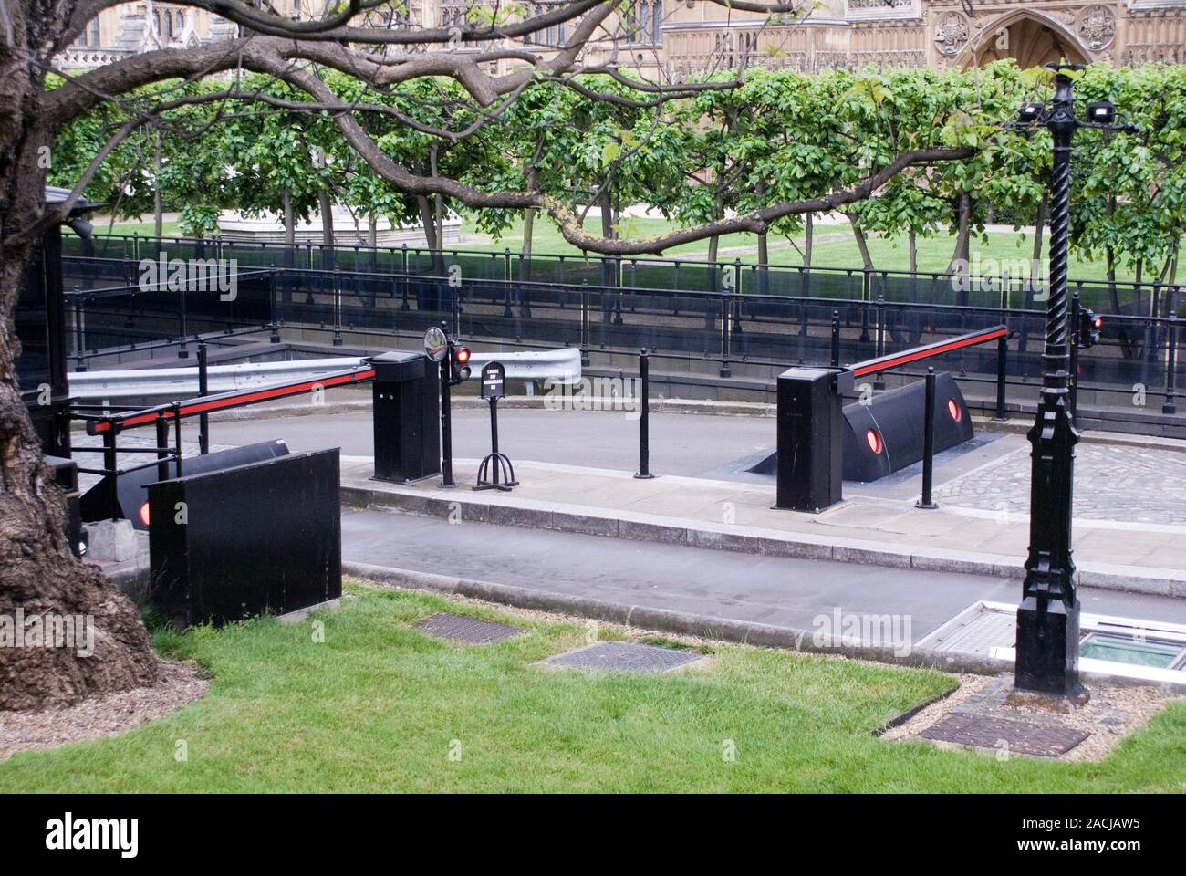 Security barriers at Houses of Parliament, London, UK. Photograph shows ...