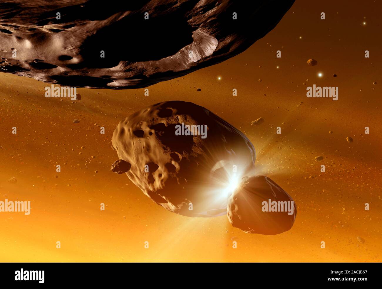 Early solar system. Computer artwork of asteroids colliding in the ...