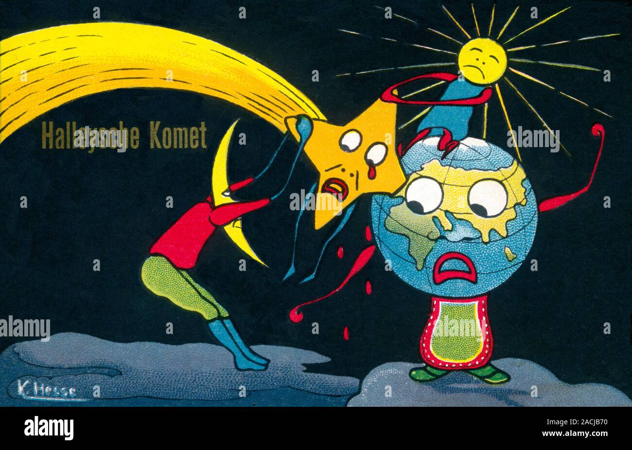 Halley's Comet 1910, historical artwork. Comic illustration depicting a ...