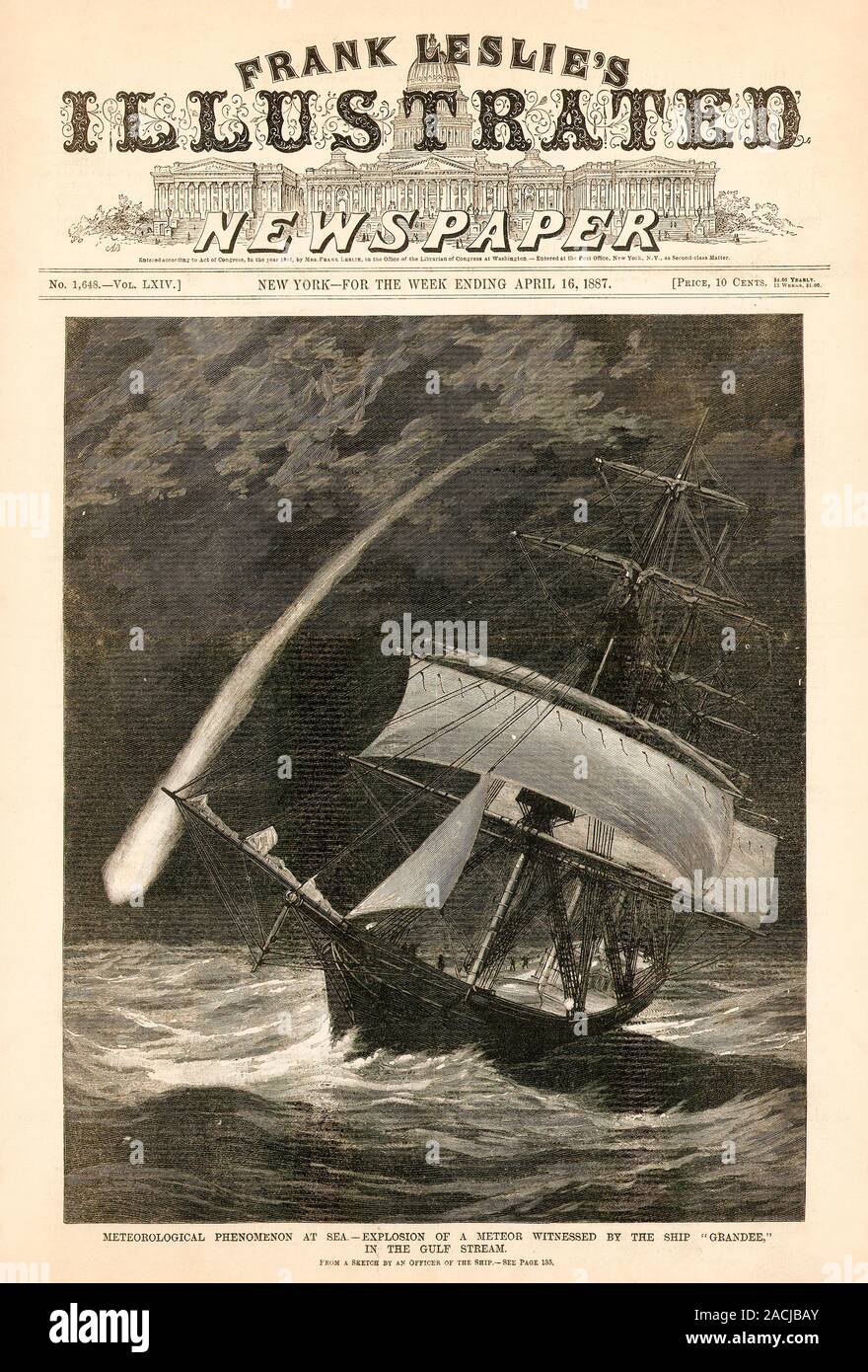Meteor explosion. Historical artwork on the front of a newspaper ...