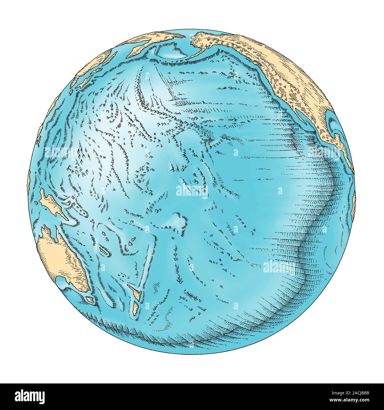 Pacific Ocean sea floor topography. Artwork of the Earth centred on the ...