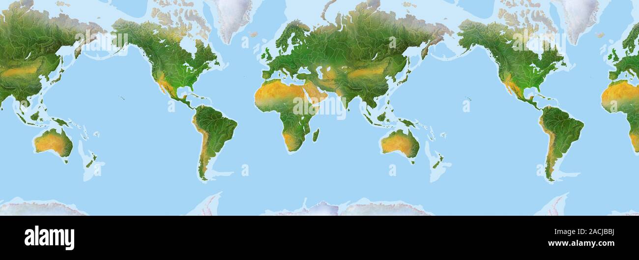 Extended world map. This cylindrical map projection shows nearly a ...