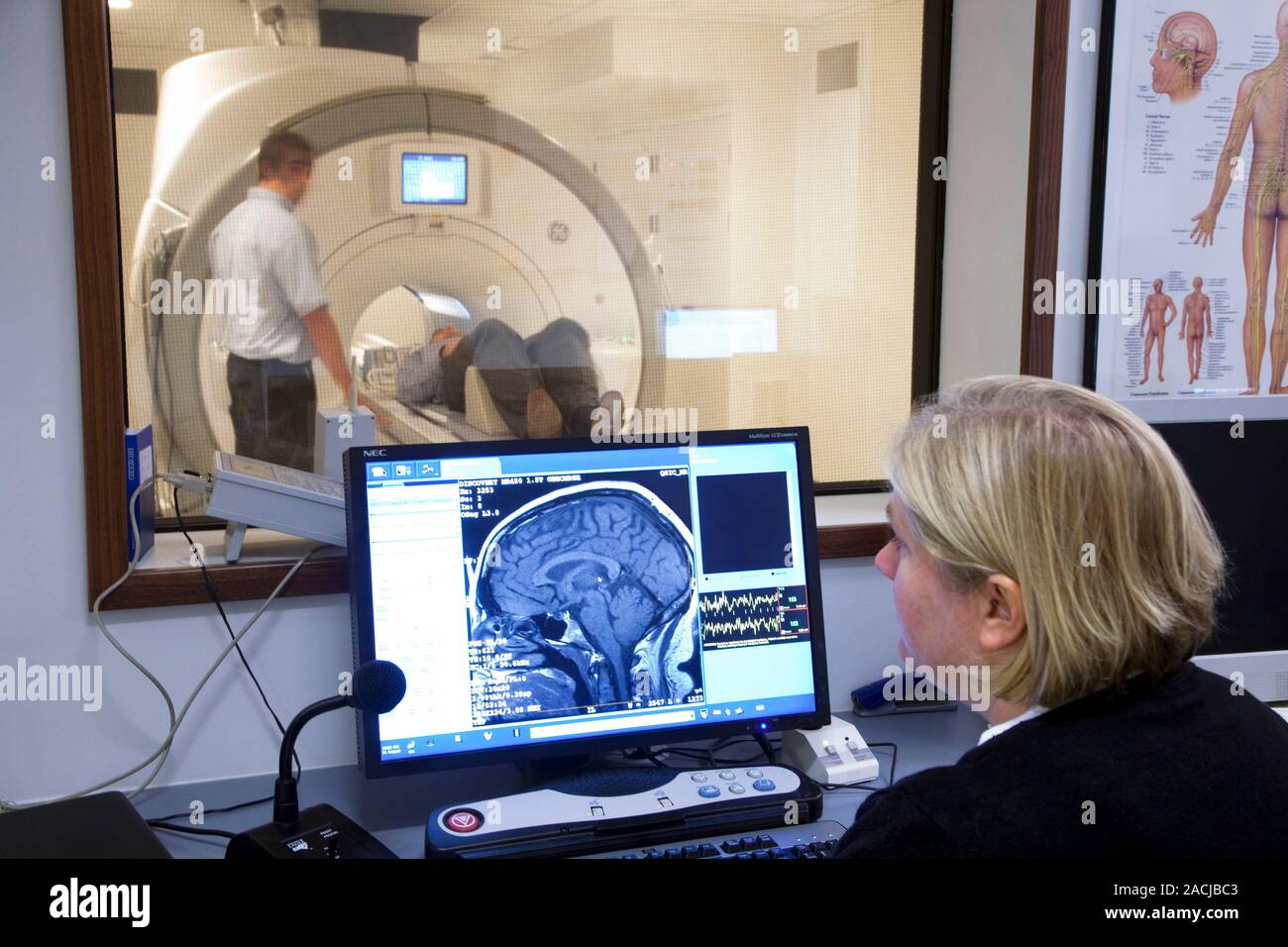 Brain CT scanning. Radiographers carrying out a computed tomography (CT ...