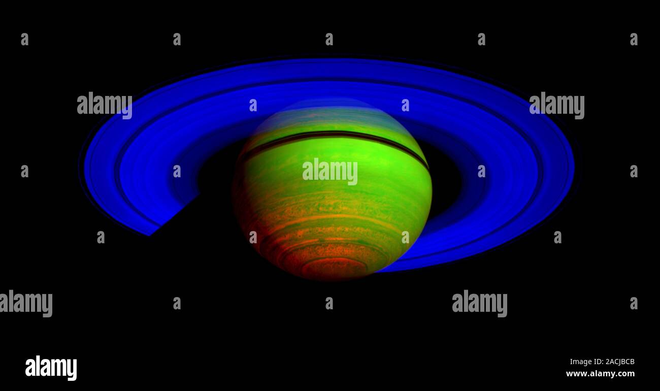 Saturn, infrared Cassini image. The colours assigned to the infrared ...