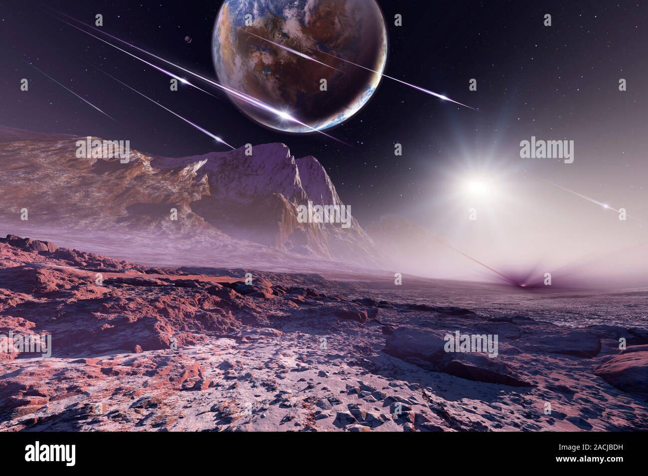 Alien meteorite shower, computer artwork. View across the surface of an ...