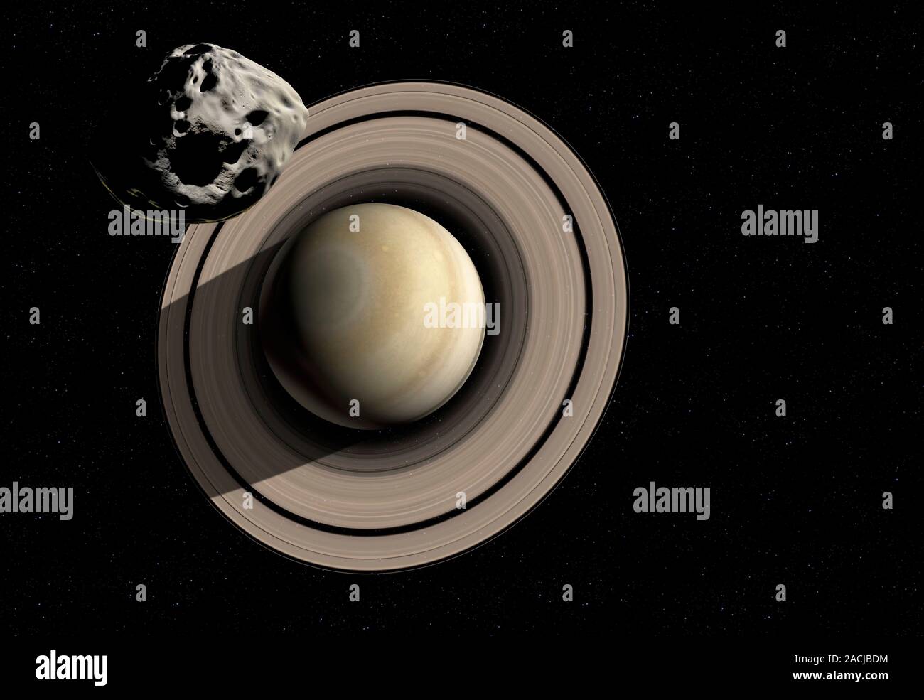 Inactive comet passing Saturn, computer artwork. Comets are composed of ...