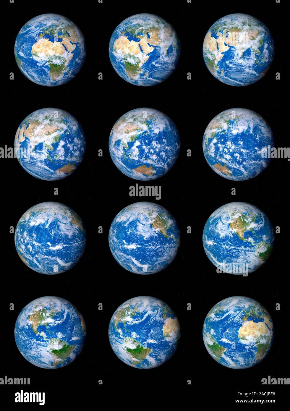 Earth's rotation. Images showing twelve views of the Earth as it ...