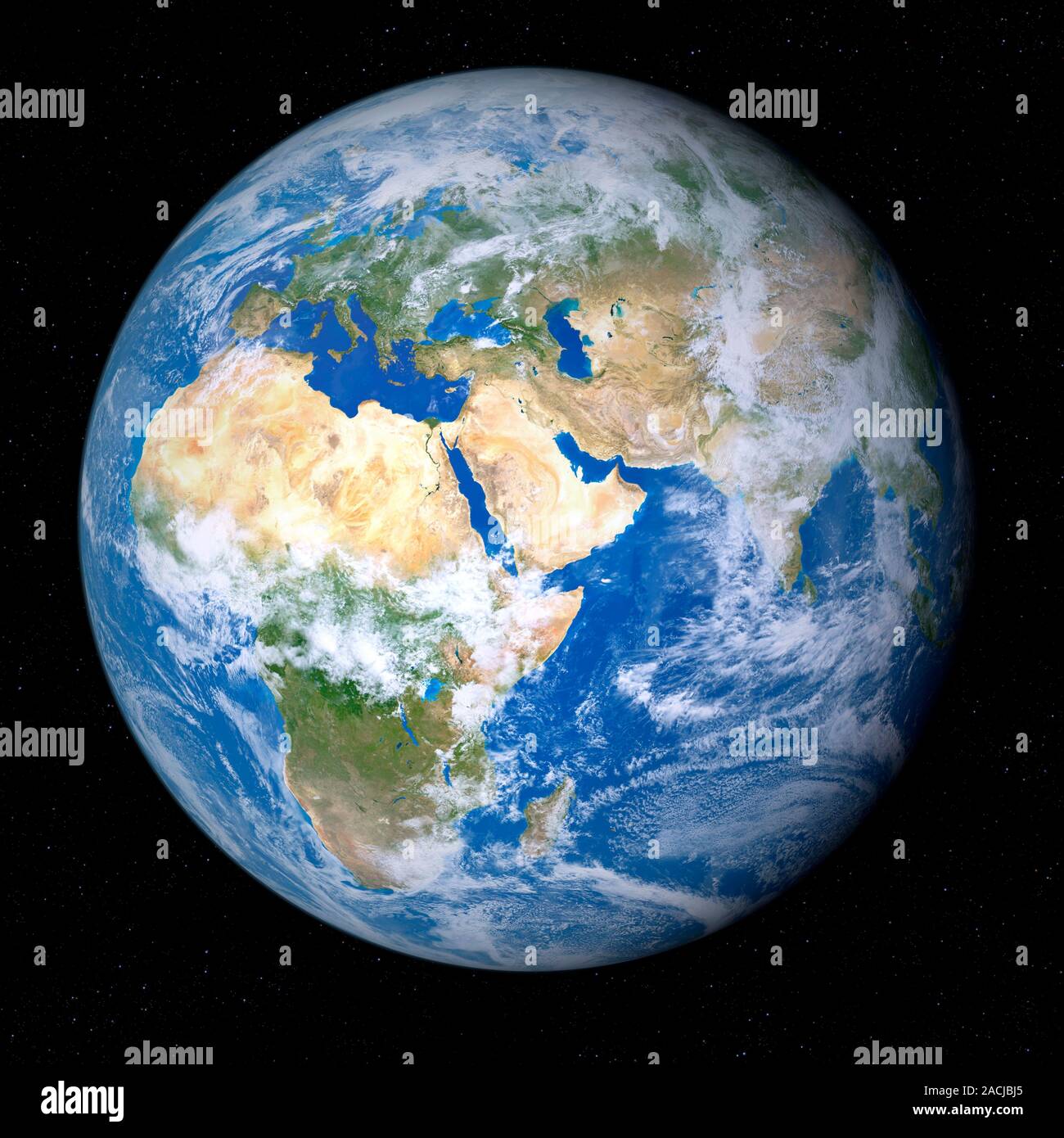 Earth from space, artwork. View of the Earth centred on 45 degrees East ...