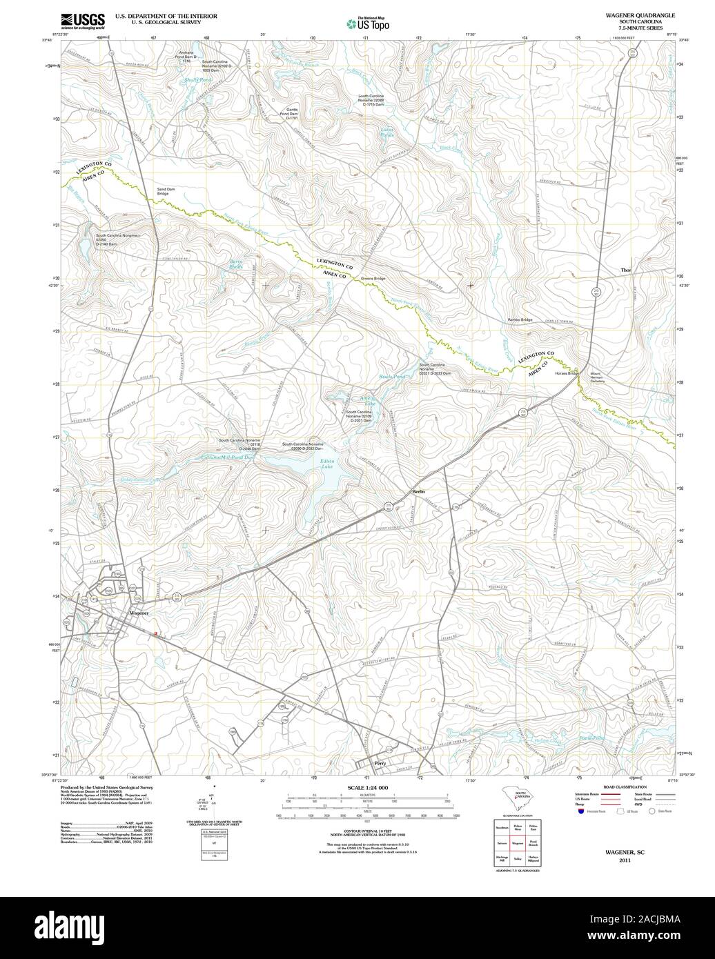USGS TOPO Map South Carolina SC Wagener 20110826 TM Restoration Stock ...