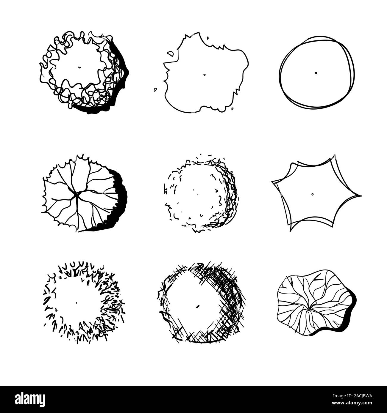 Hand drawn set of graphic trees, top view, for architecture and ...