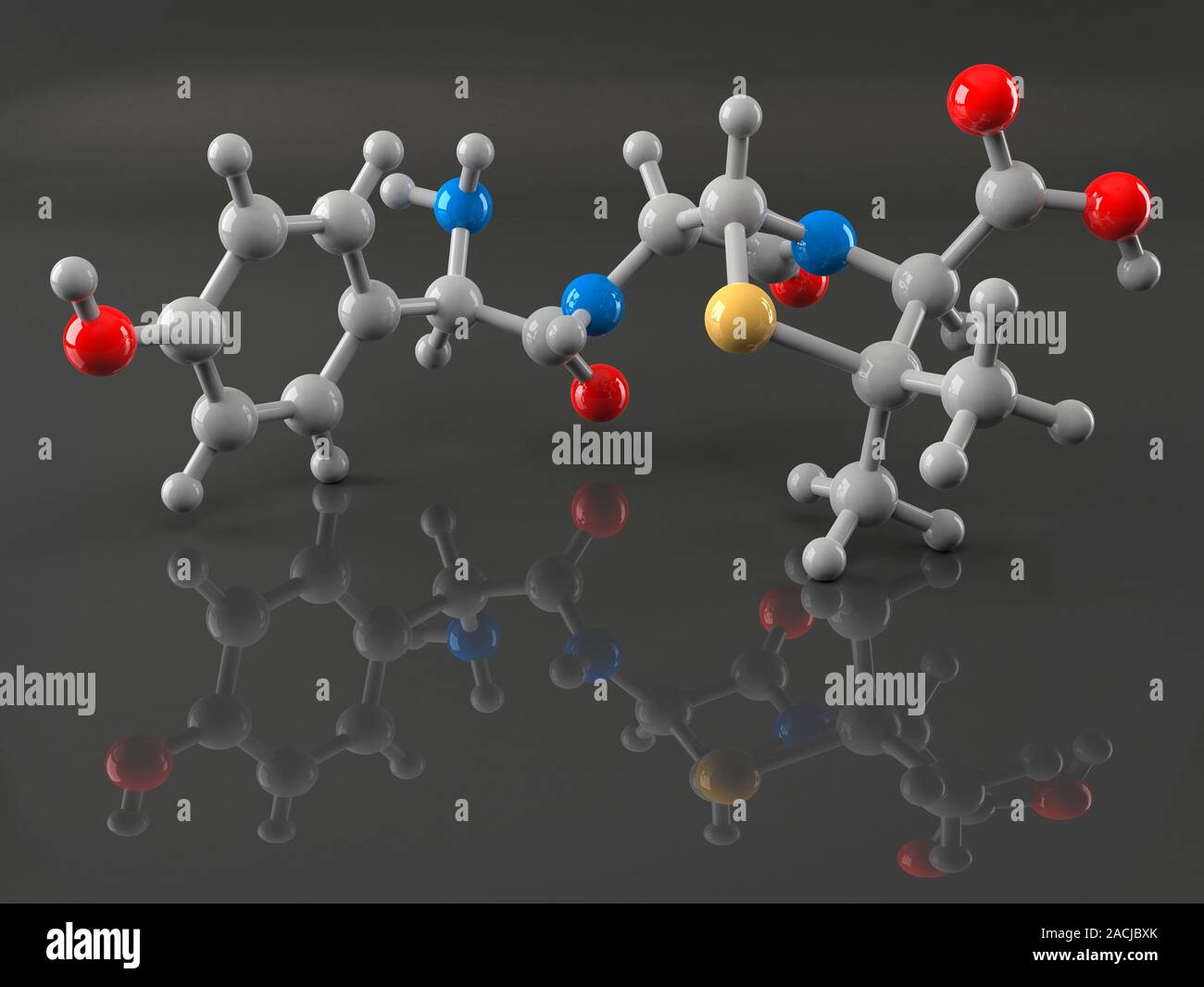 Artwork of a molecule of Amoxicillin antibiotic drug, with the chemical ...