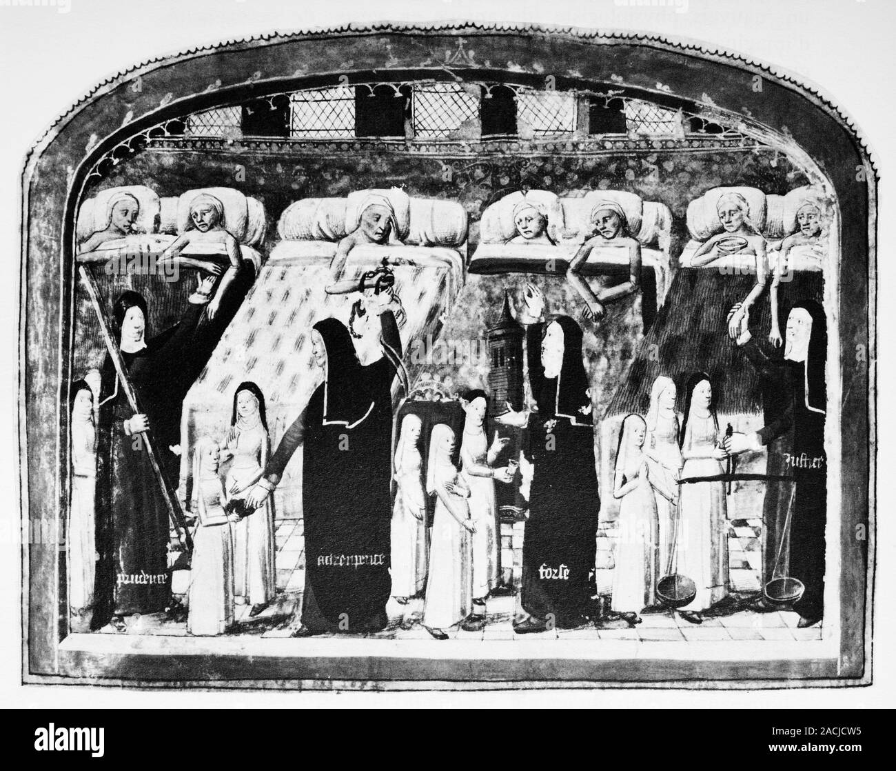 Paris hospital. 15th-century artwork of nuns and patients in an early ...