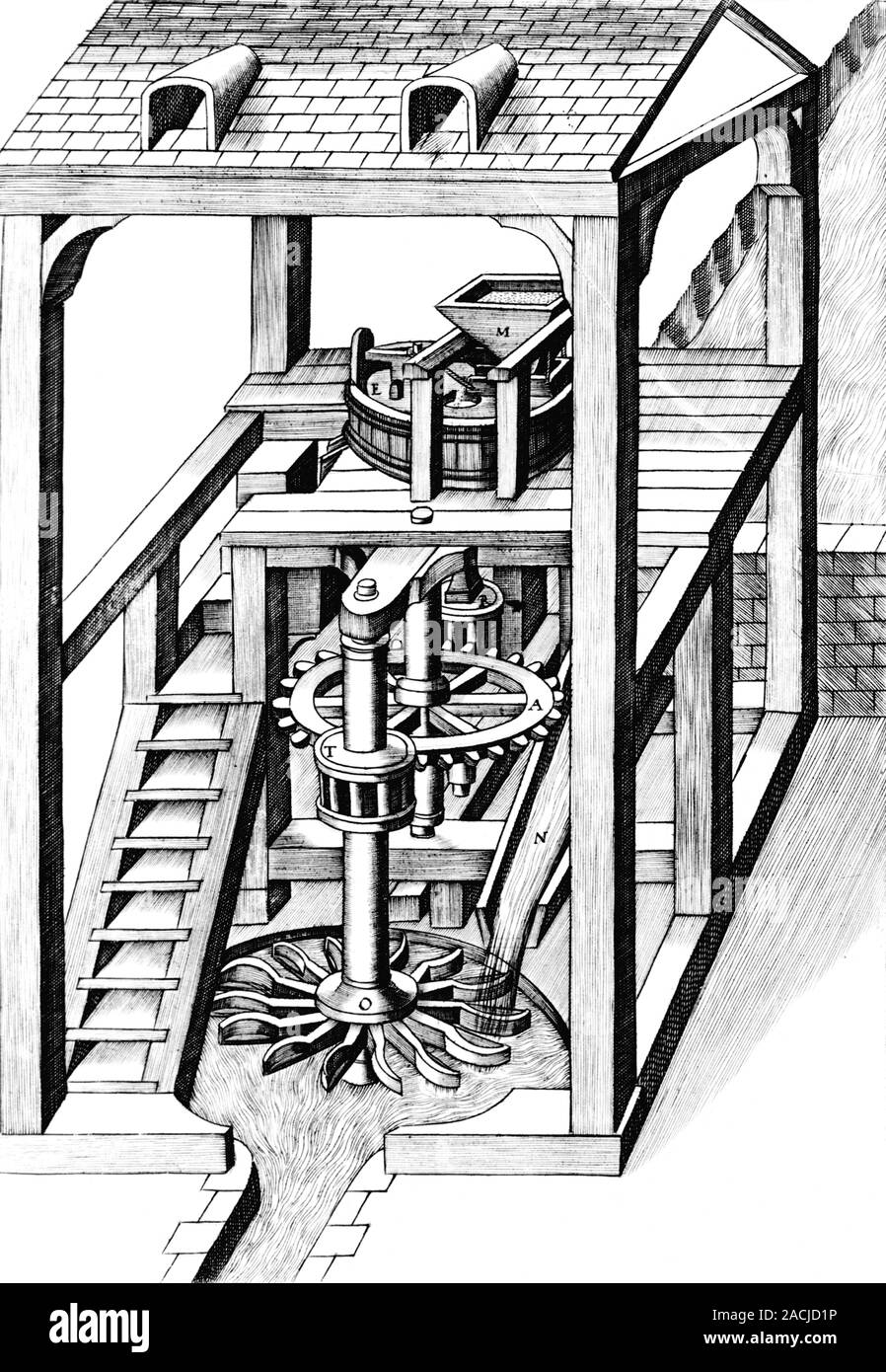 16th Century water mill. Historical artwork showing the internal ...