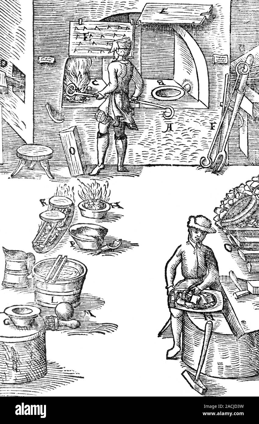 16th Century metallurgy workshop. Historical artwork showing 16th ...