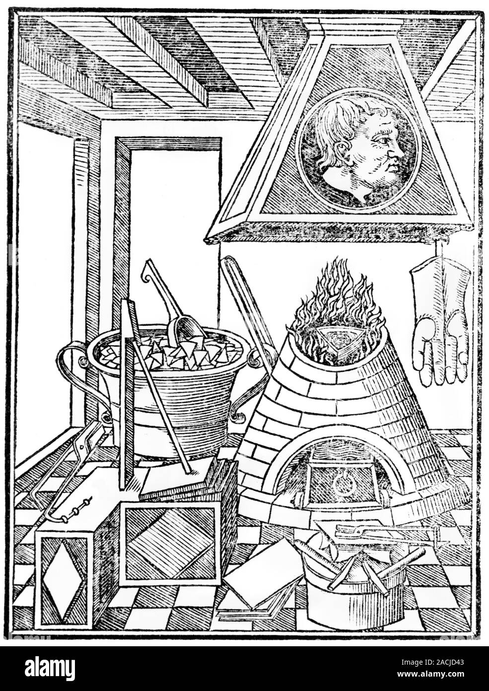 16th Century metallurgy workshop. Historical artwork showing a furnace ...