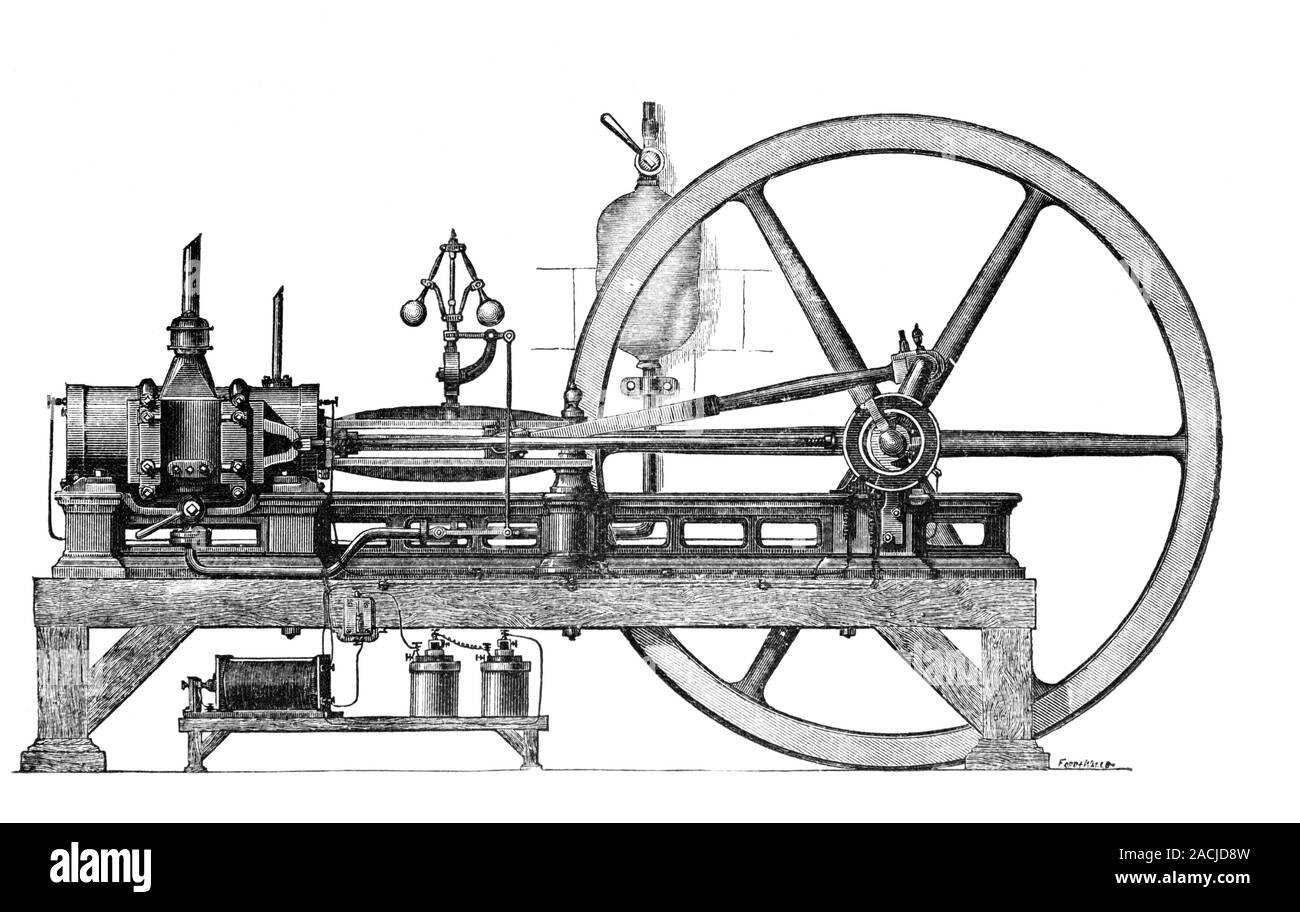 19th Century internal combustion engine. Historical artwork of a three ...