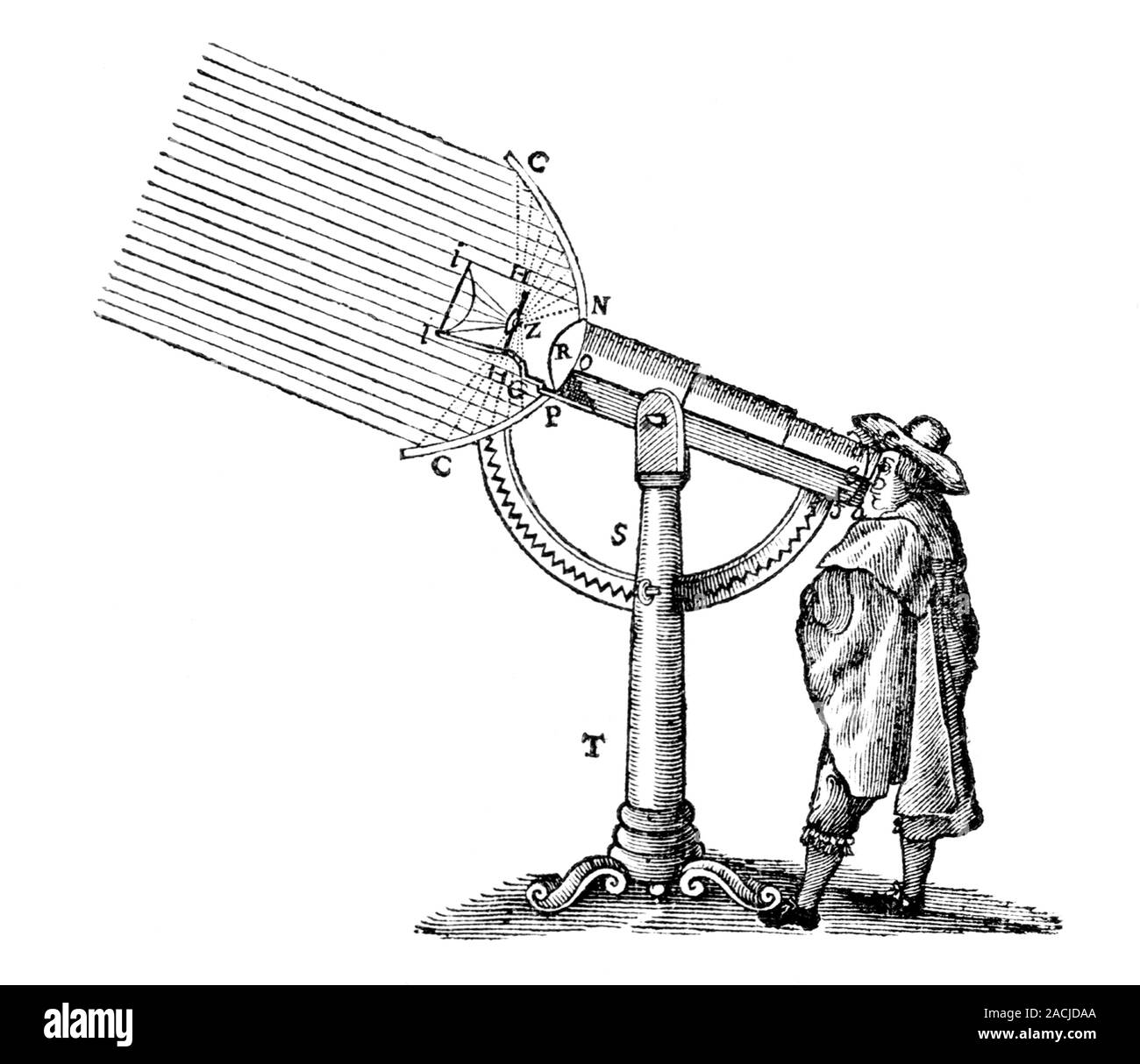 Compound microscope. 17th Century artwork of a man looking through a ...