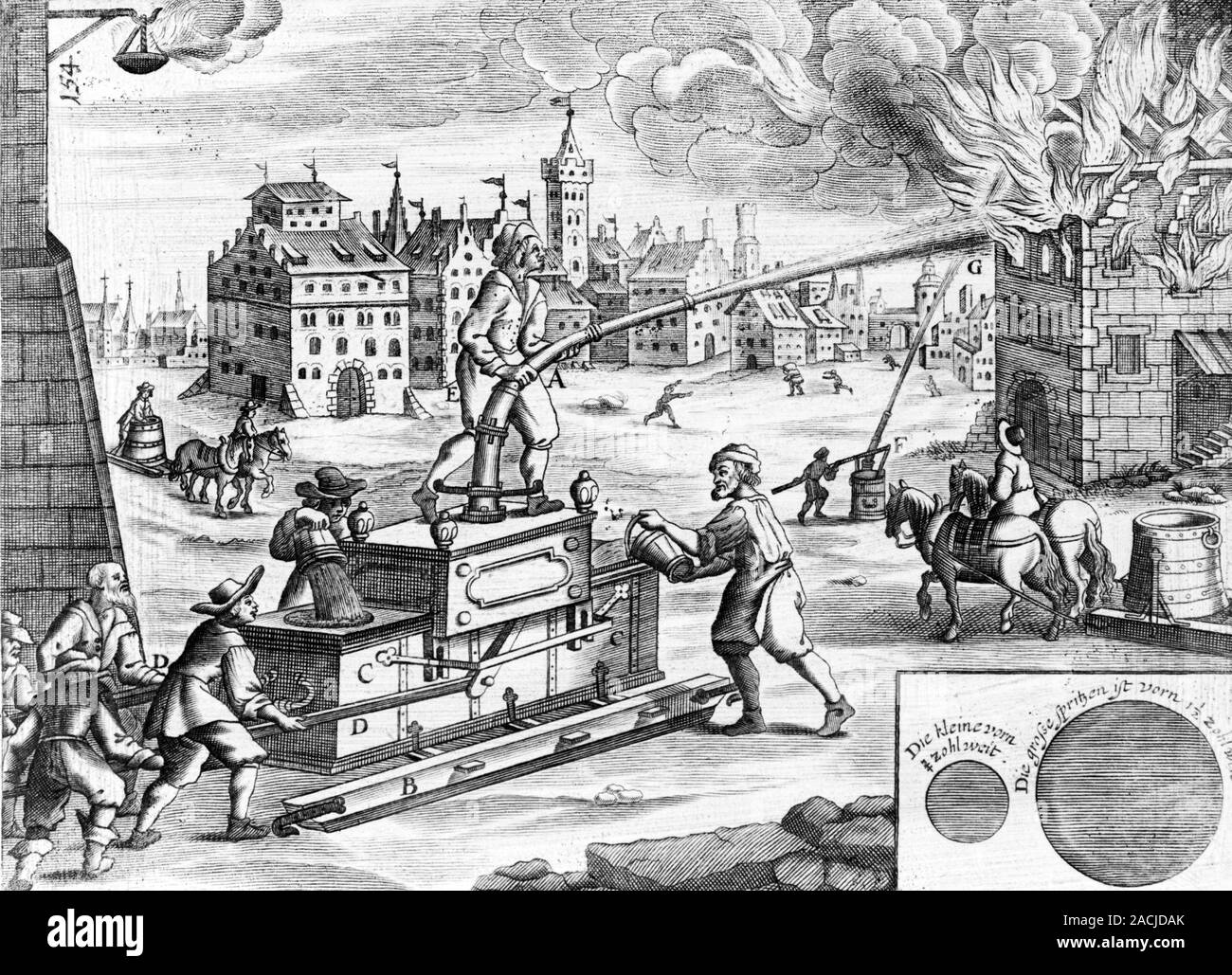 17th Century fire fighting. Historical artwork of men operating a water ...