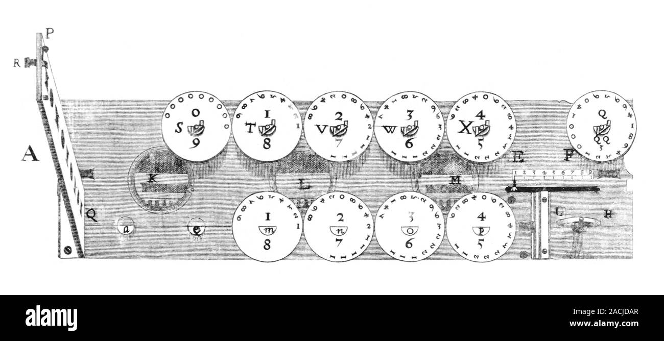 17th Century calculator. Historical artwork showing the internal ...