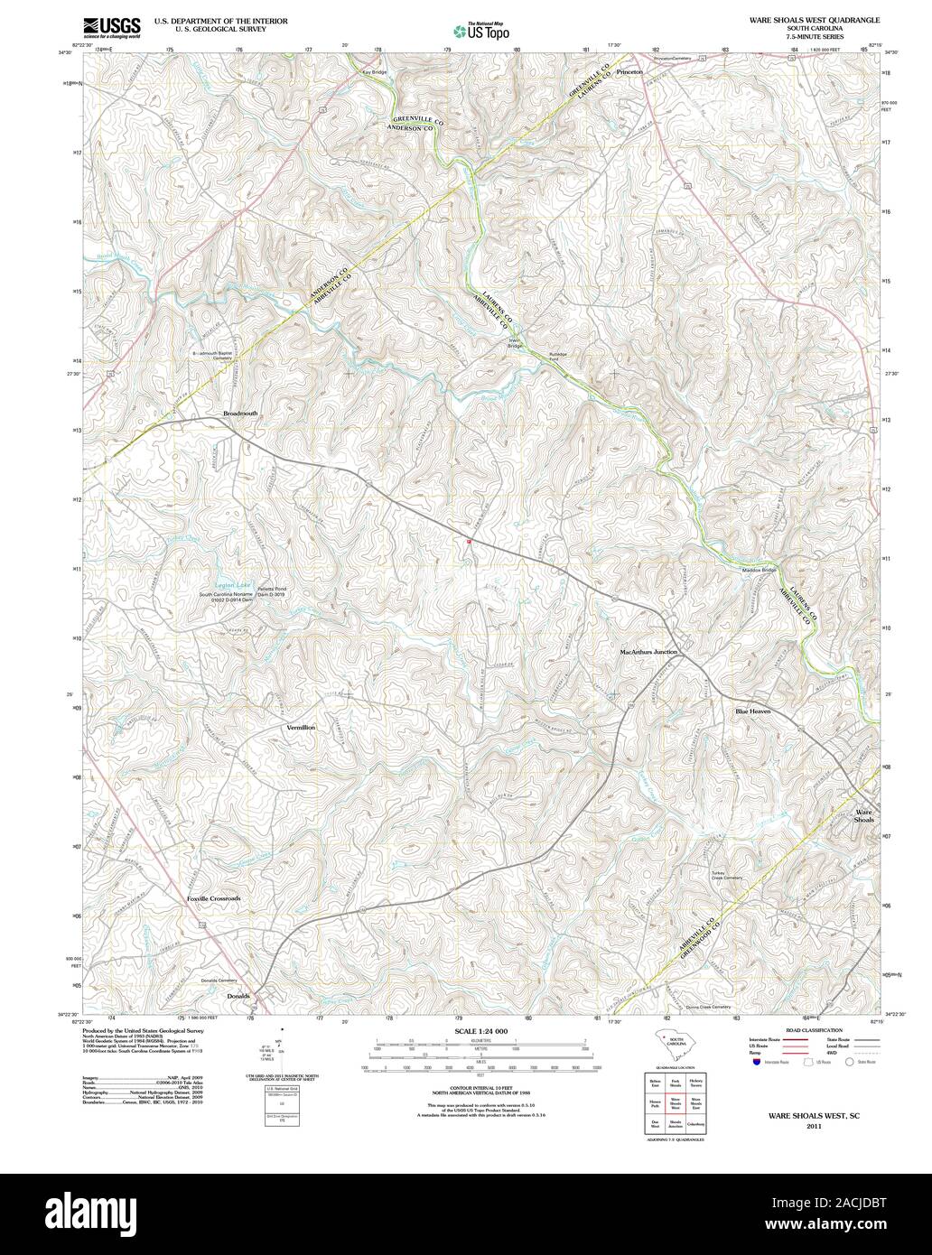 USGS TOPO Map South Carolina SC Ware Shoals West 20110819 TM ...