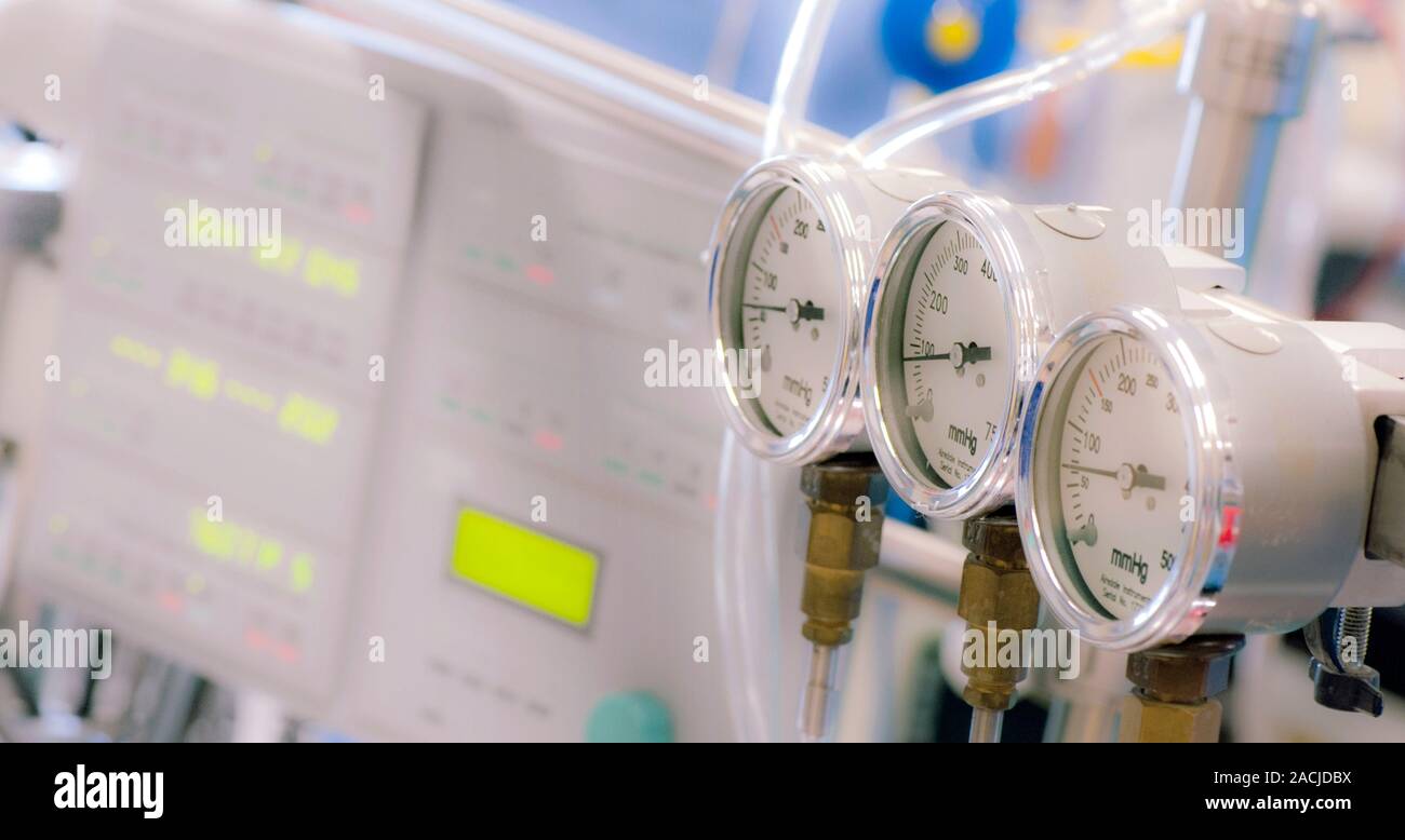 Surgical equipment. Dials used to monitor and control the pressure of ...