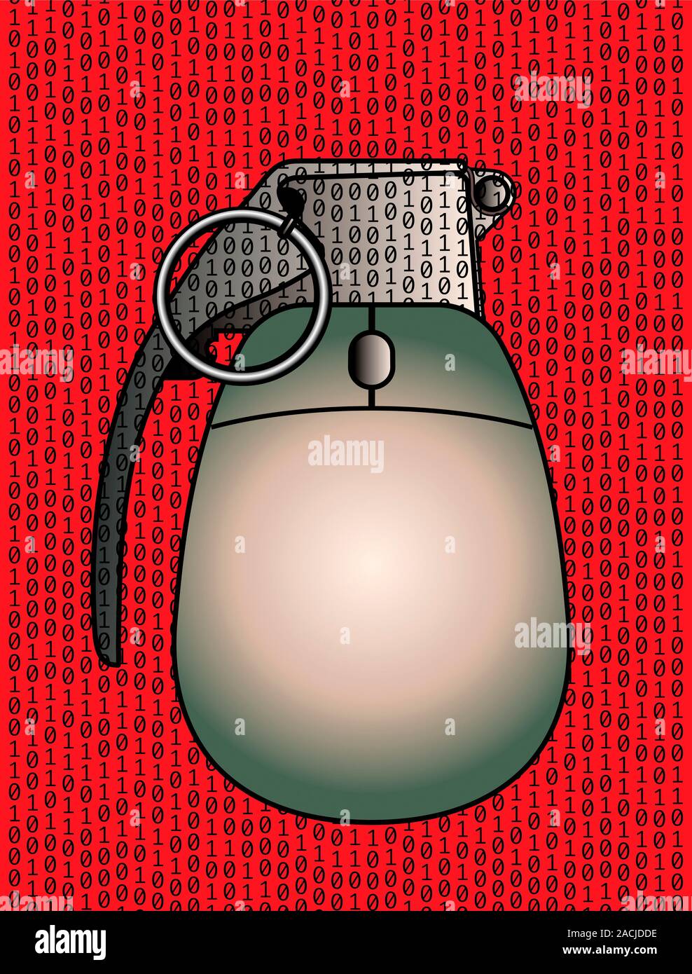 Cyber warfare. Conceptual artwork of a hand grenade, with the main body ...