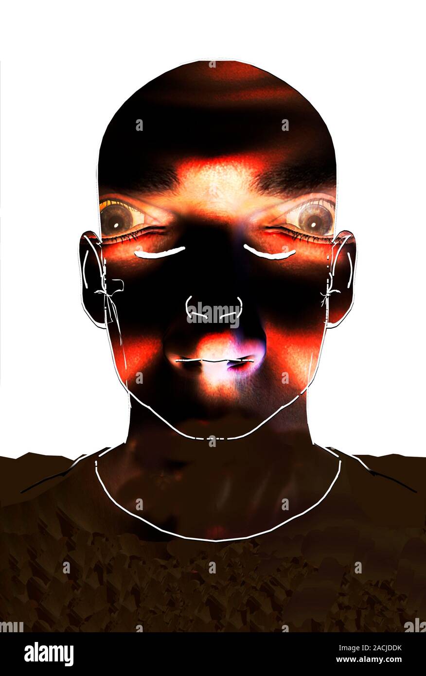 Night terror. Conceptual artwork of a close-up of a man's face with ...