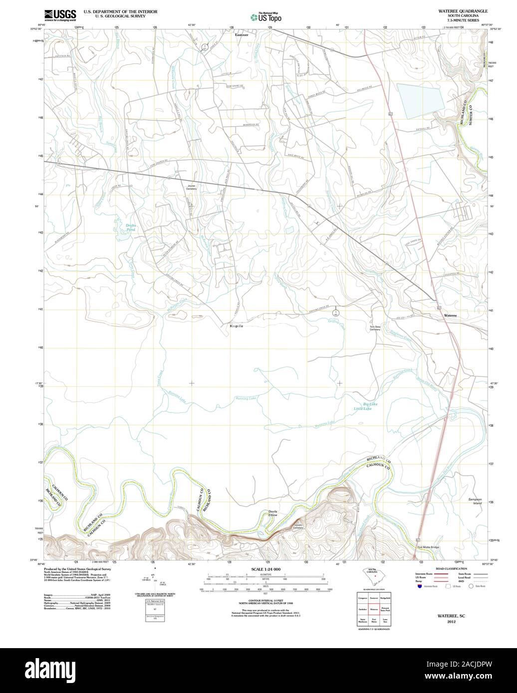 USGS TOPO Map South Carolina SC Wateree 20120120 TM Restoration Stock ...