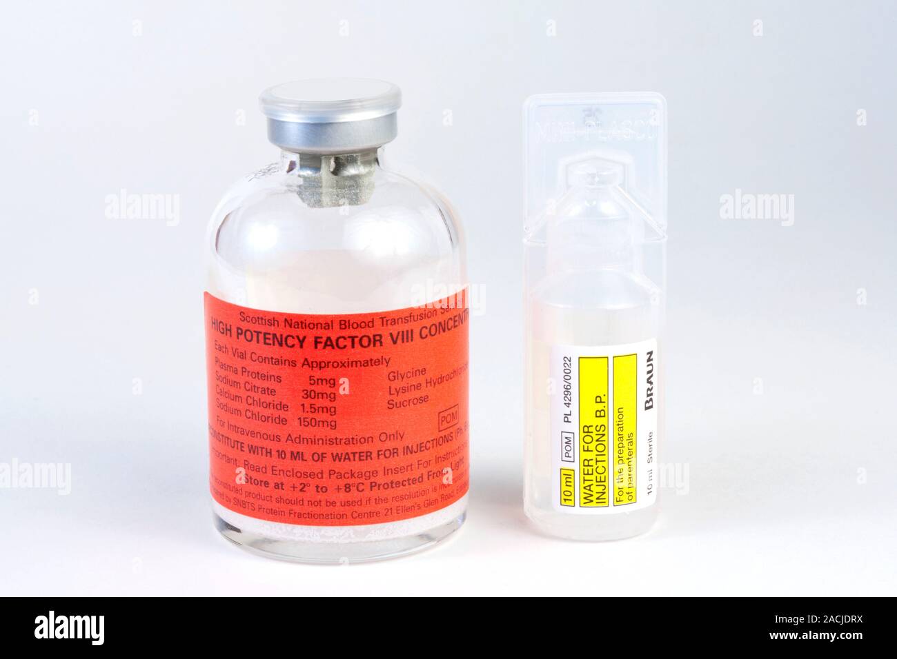 Blood clotting factor VIII. Bottle of factor VIII (FVIII) concentrate ...