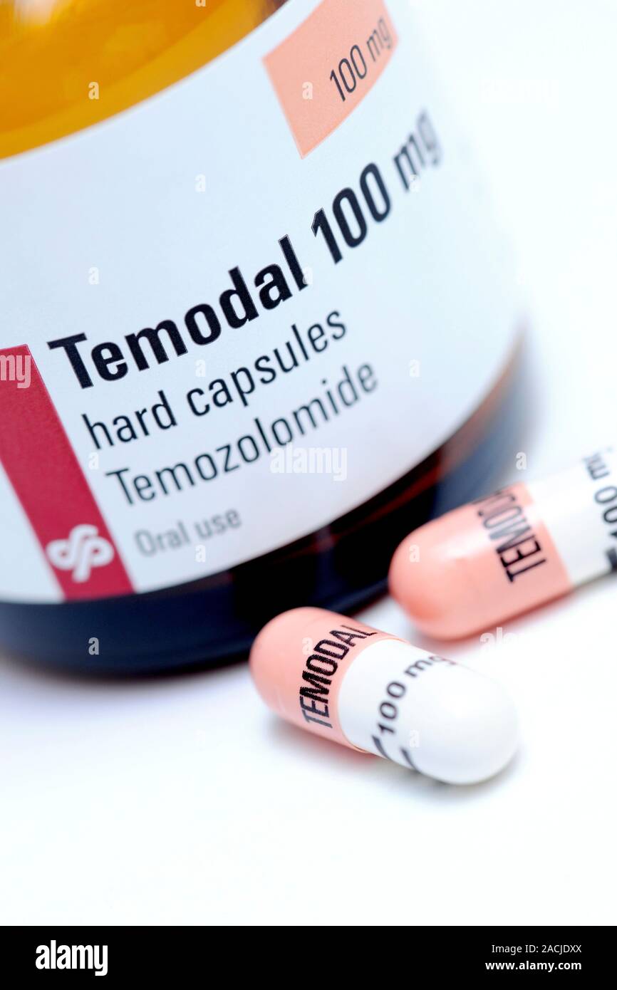 Temodal chemotherapy drug. Bottle and capsules of Temodal (Temozolomide ...