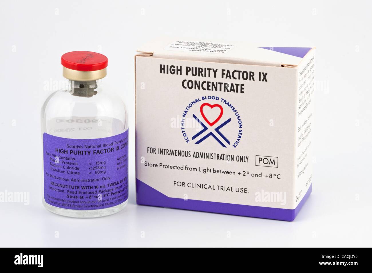Blood clotting factor IX. Bottle of high purity concentrated factor IX ...