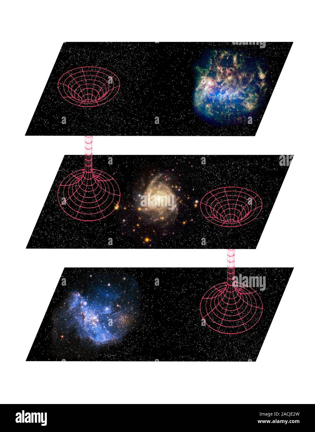 Parallel universes. Artwork of wormholes (red) connecting parallel ...