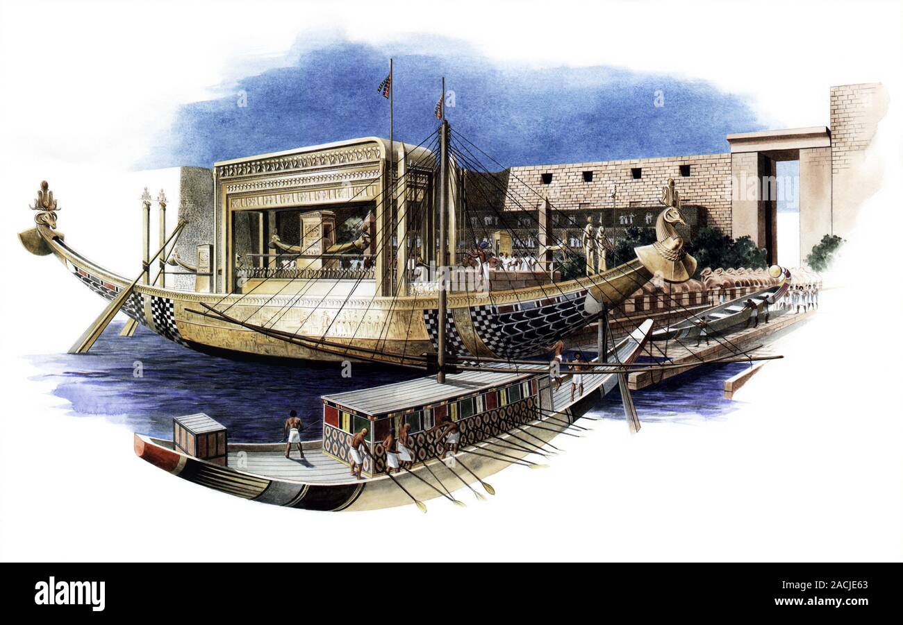 Temple of Karnak. Artist's impression of boats on the Nile outside the ...