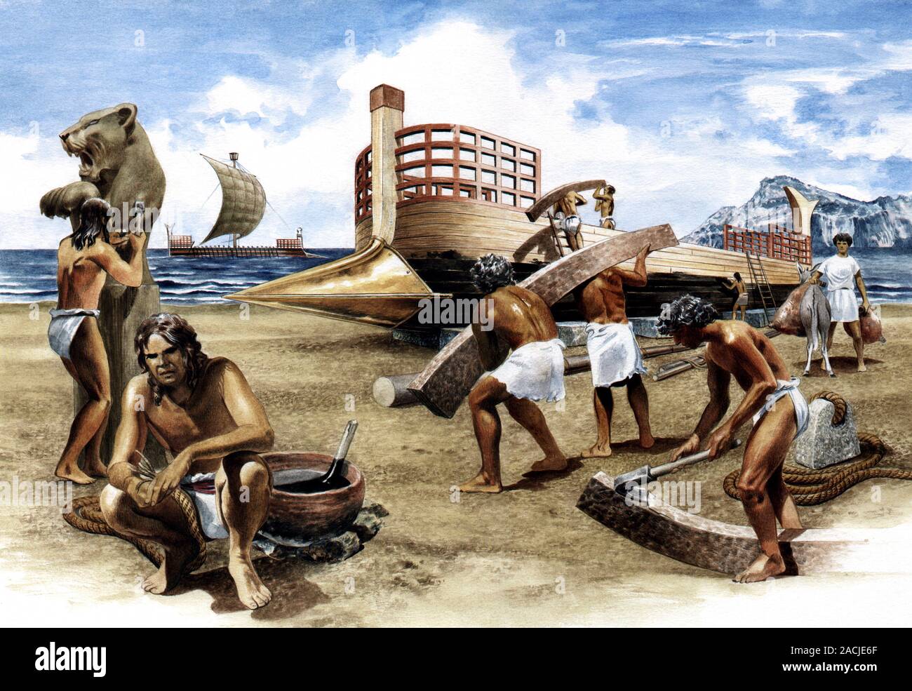 Construction of a Mycenaean ship. Artwork showing men building a ship ...