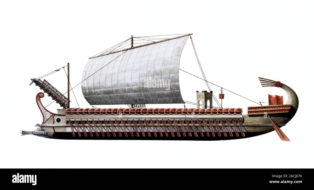 Ancient Carthaginian warship. Artist's impression of a ship built in ancient Carthage at the ...
