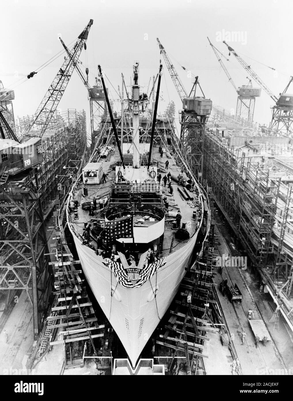 Construction of a Liberty ship. Historical image showing a Liberty ship ...