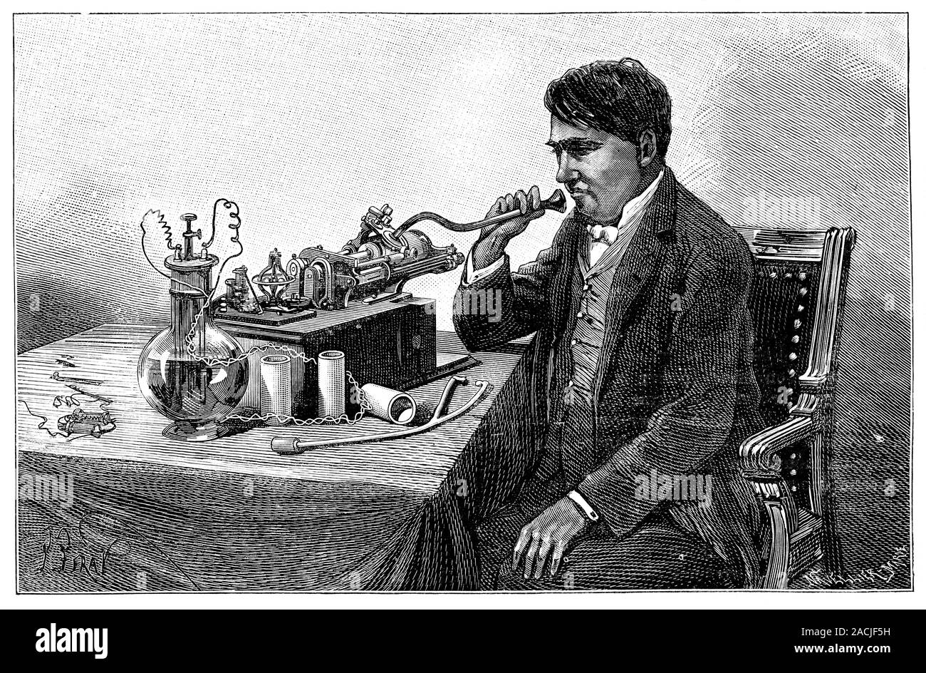 Edison talking into his phonograph, historical artwork. US inventor ...
