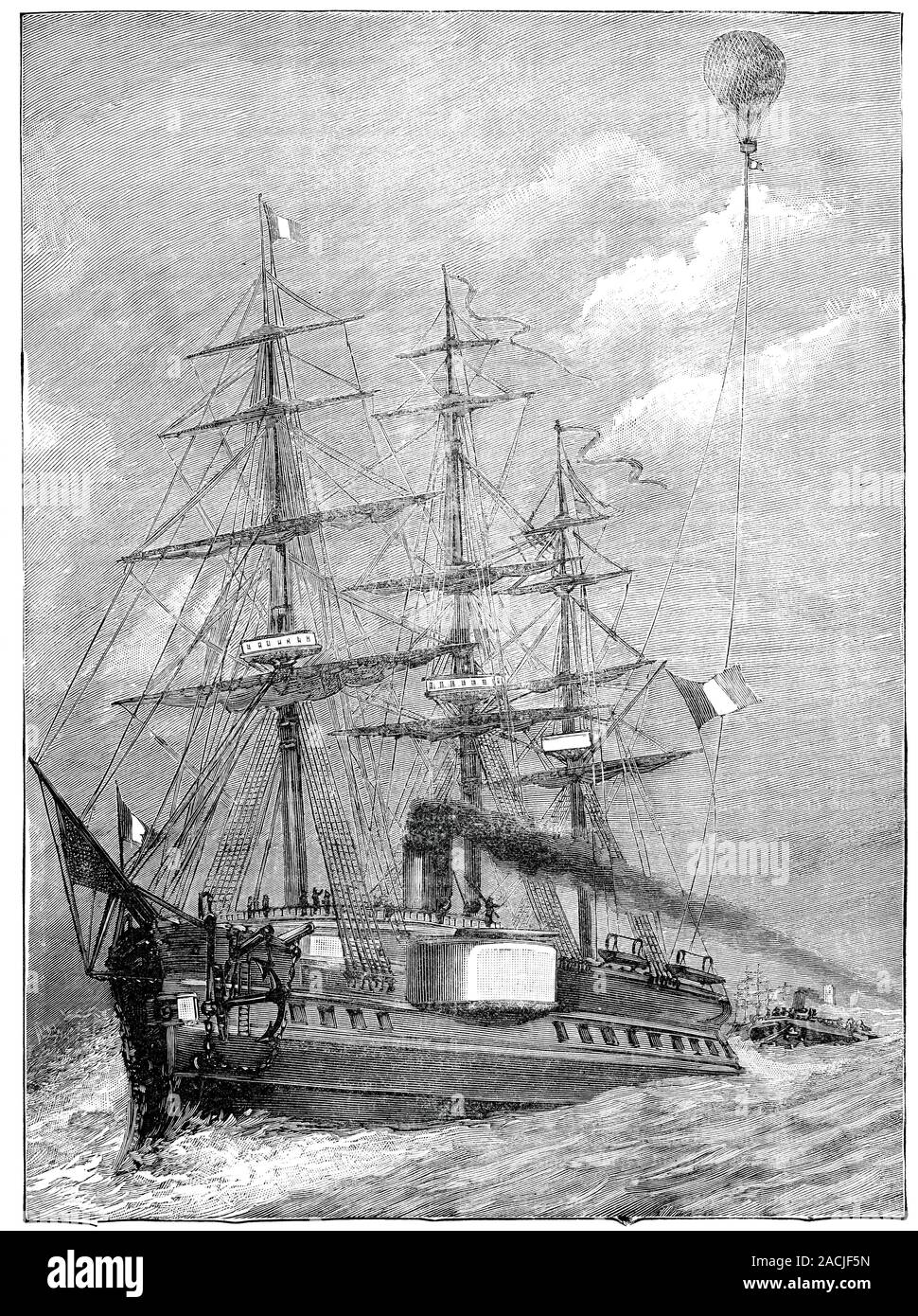 Naval observation balloon, 19th century artwork. The balloon (upper ...