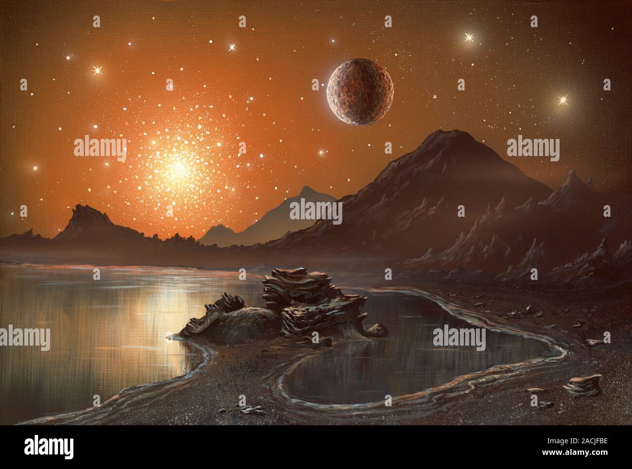 Globular cluster. Artwork of a view across waters on an alien planet ...