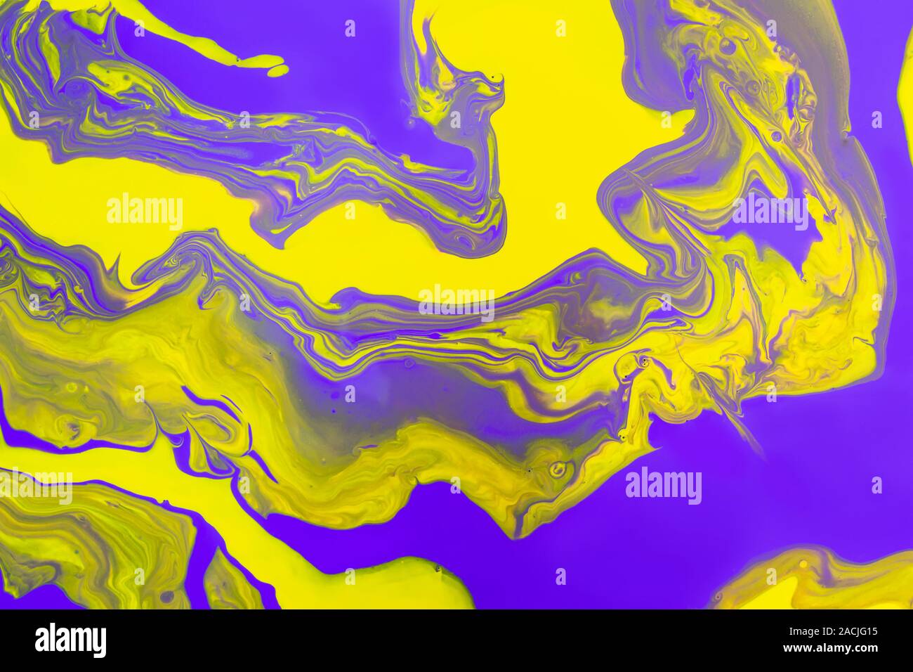 Glowing yellow waves and curls on purple background. Abstract marble ...