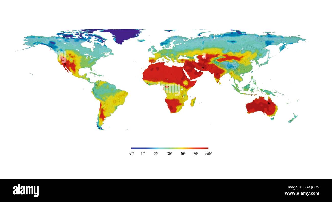 Global temperatures. Computer artwork of a map of the World showing the ...