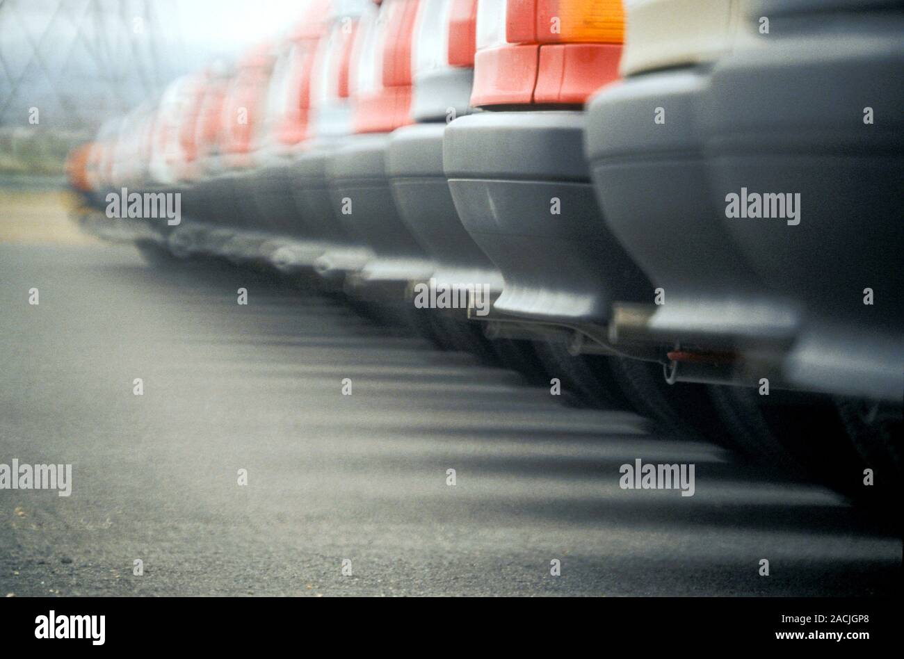 Car factory. Row of new cars at a car factory. Photographed in Villers ...