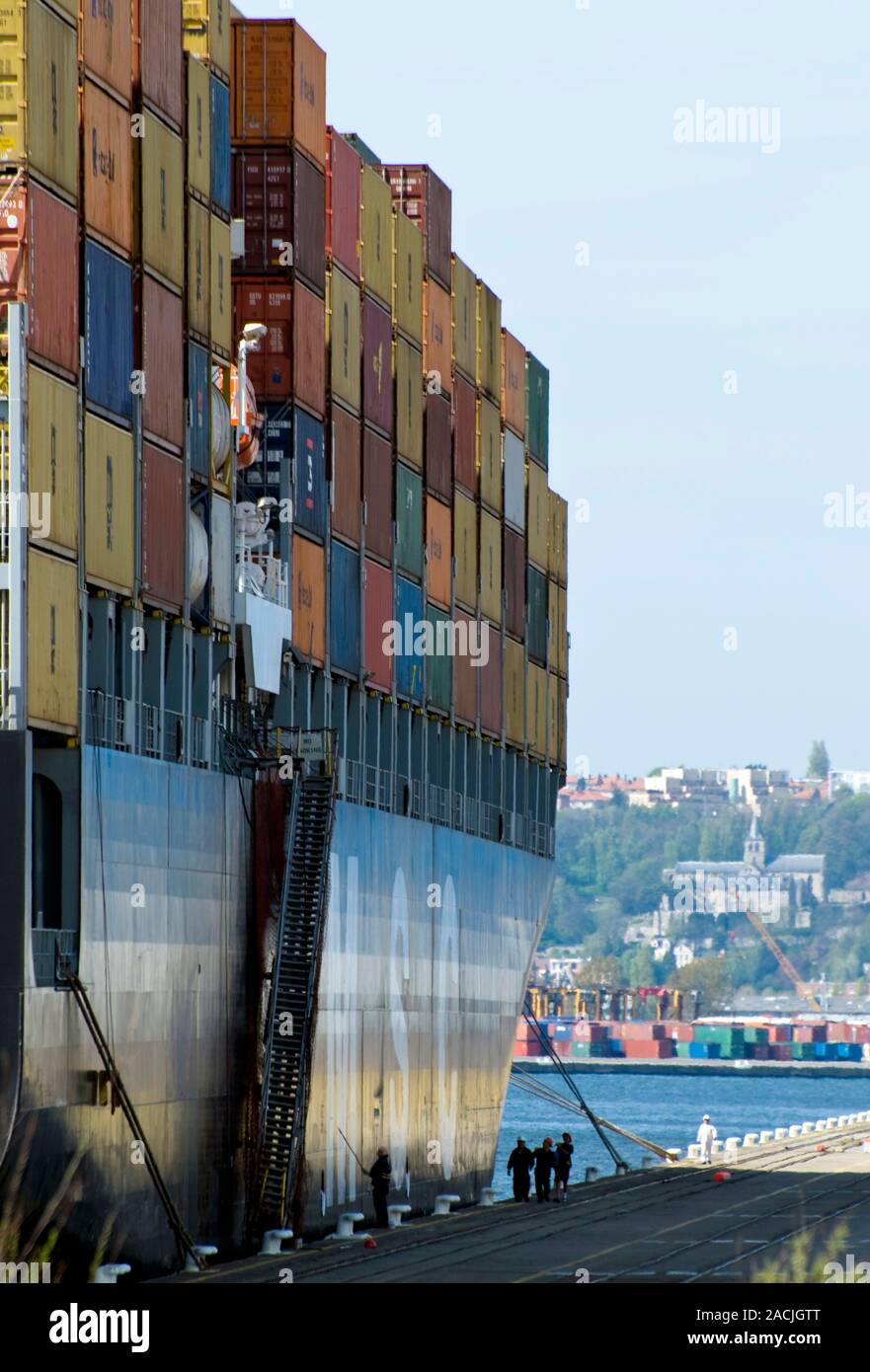 Container ship loaded with cargo. Photographed in the port of Le Havre ...