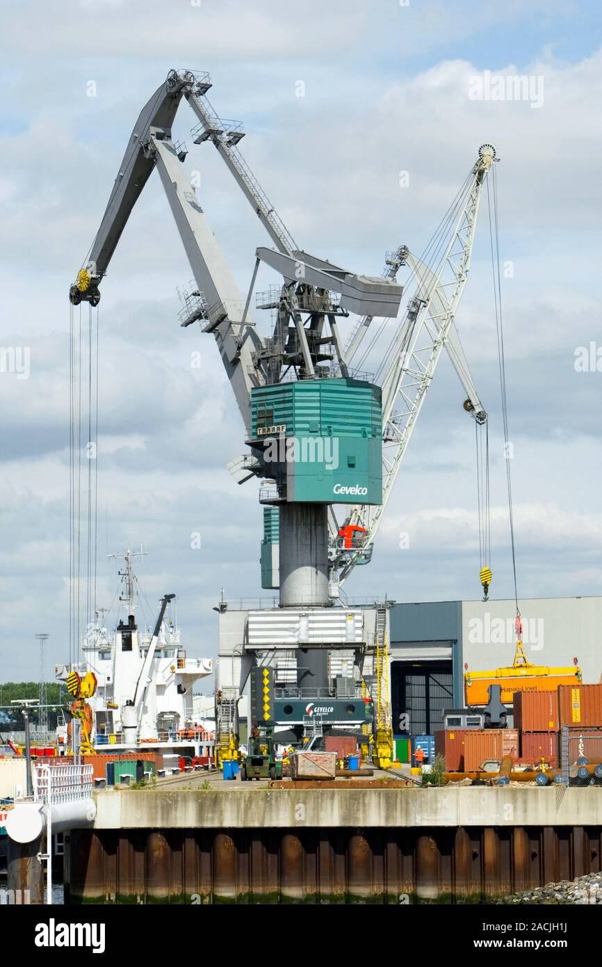 Container ship terminal. Crane for unloading containers from cargo ...