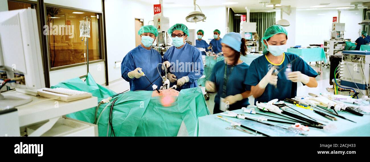 Keyhole surgery training centre. Surgeons practising minimally invasive ...