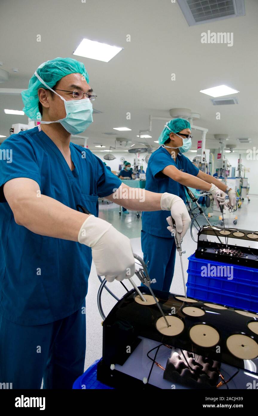 Keyhole surgery training centre. Surgeons practising minimally invasive ...