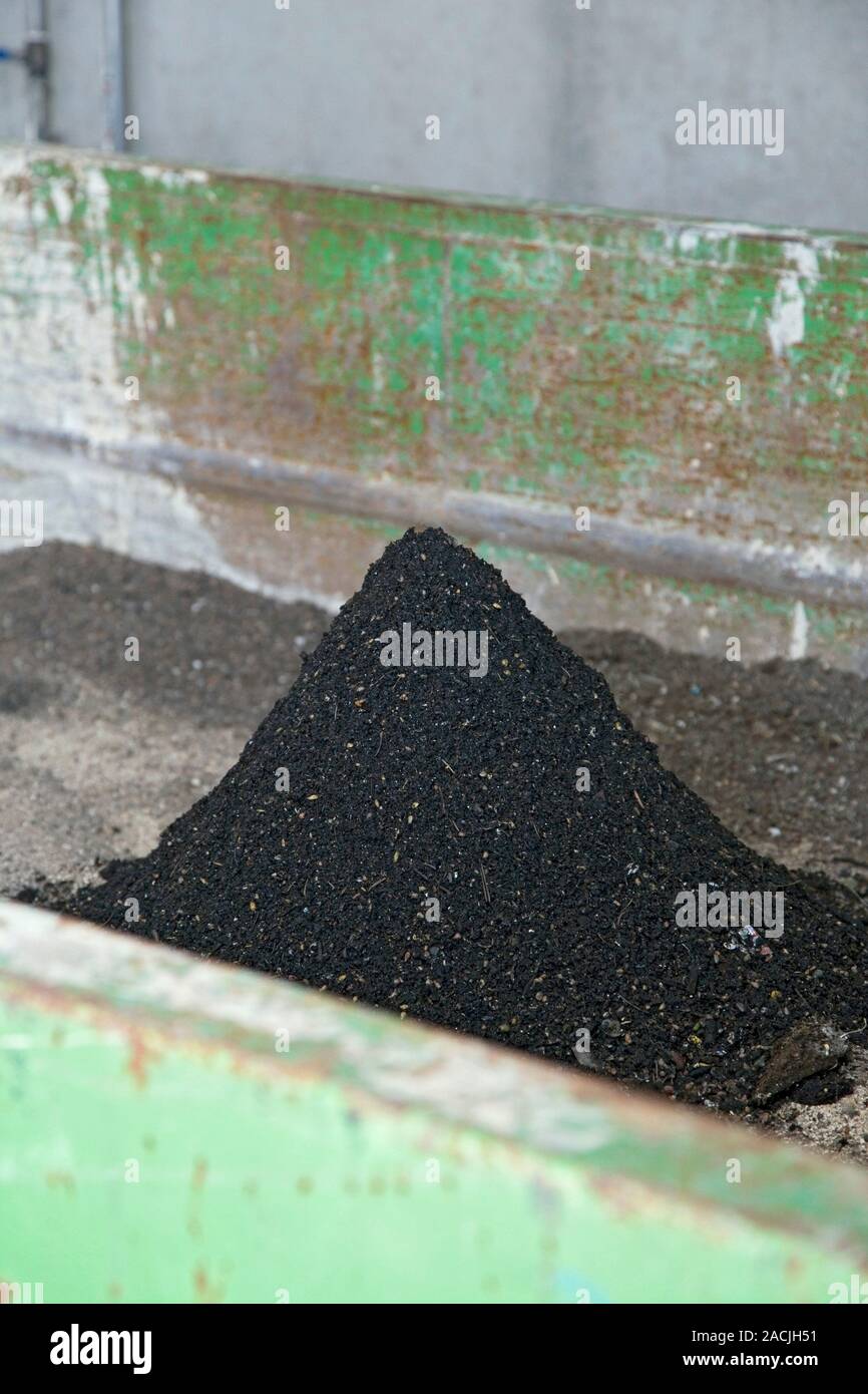 Water treatment works. Close-up of the sand-like sediment from the ...